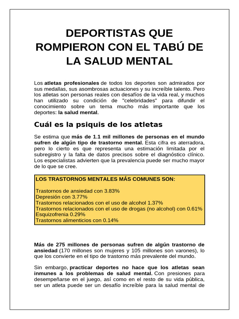 Deportistas Que Rompieron Con El Tabú De La Salud Mental Pdf