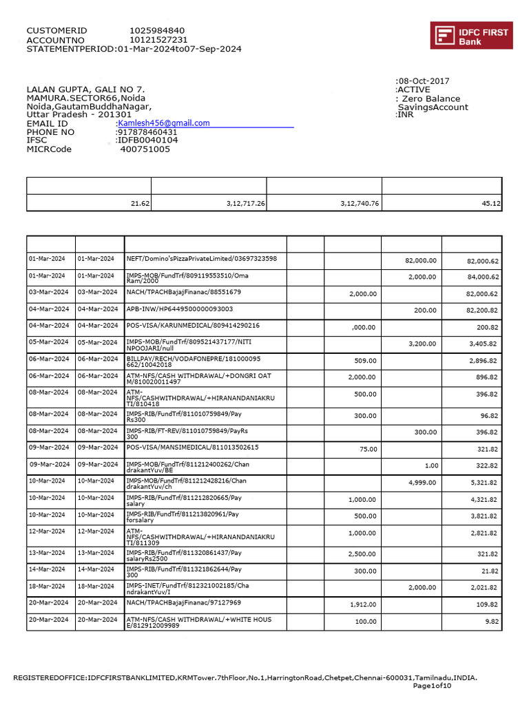 IDFC FIRST Bank Statement As of 07 Sep 2024 PDF | PDF