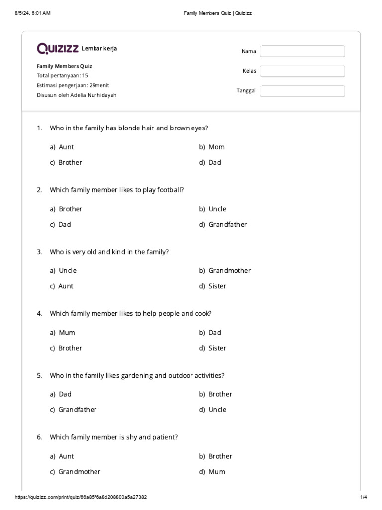 Family Members Quiz - Quizizz | PDF