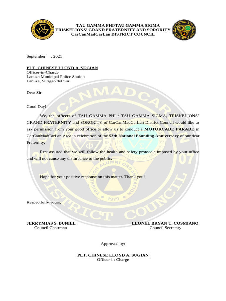 Tau Gamma Phi Request Letter - Lanuza Police | PDF