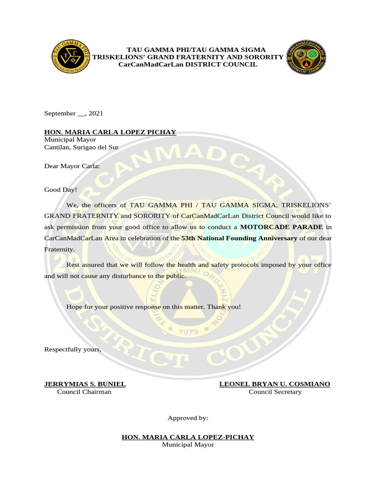 Tau Gamma Phi Request Letter - Cantilan | PDF