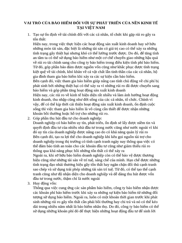 VAI TRÒ CỦA BẢO HIỂM ĐỐI VỚI SỰ PHÁT TRIỂN CỦA NỀN KINH TẾ TẠI VIỆT NAM | PDF