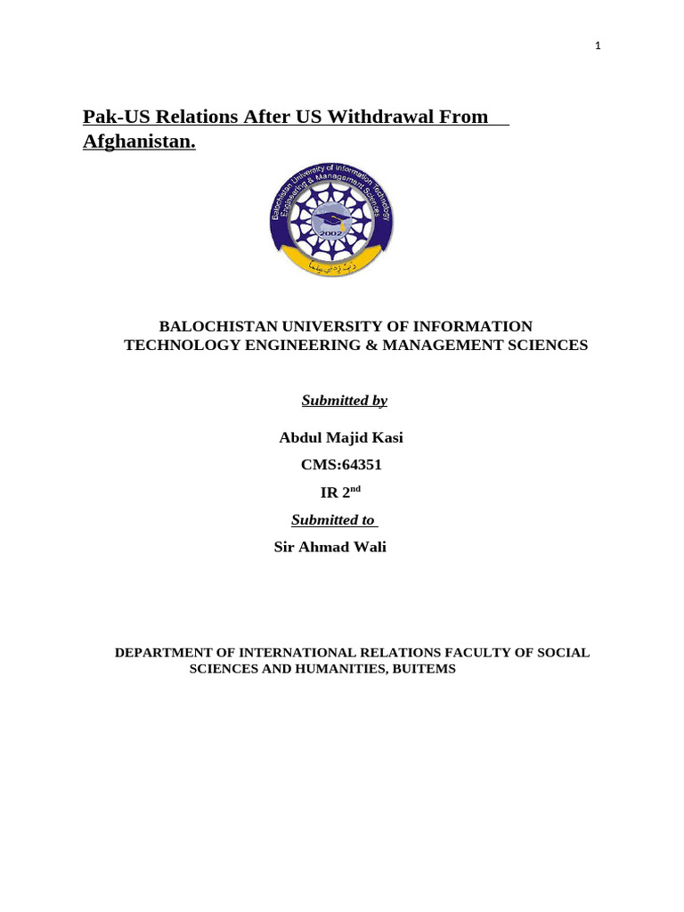 Pak-US Relations After US Withdrawal From Afghanistan | PDF