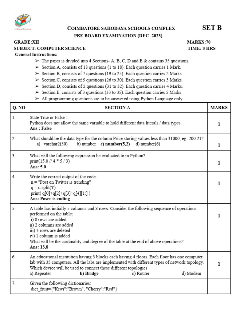 Xii-Cs-Preboard-Qp Coimbatore Sahodaya 2024 Set B Ms | PDF