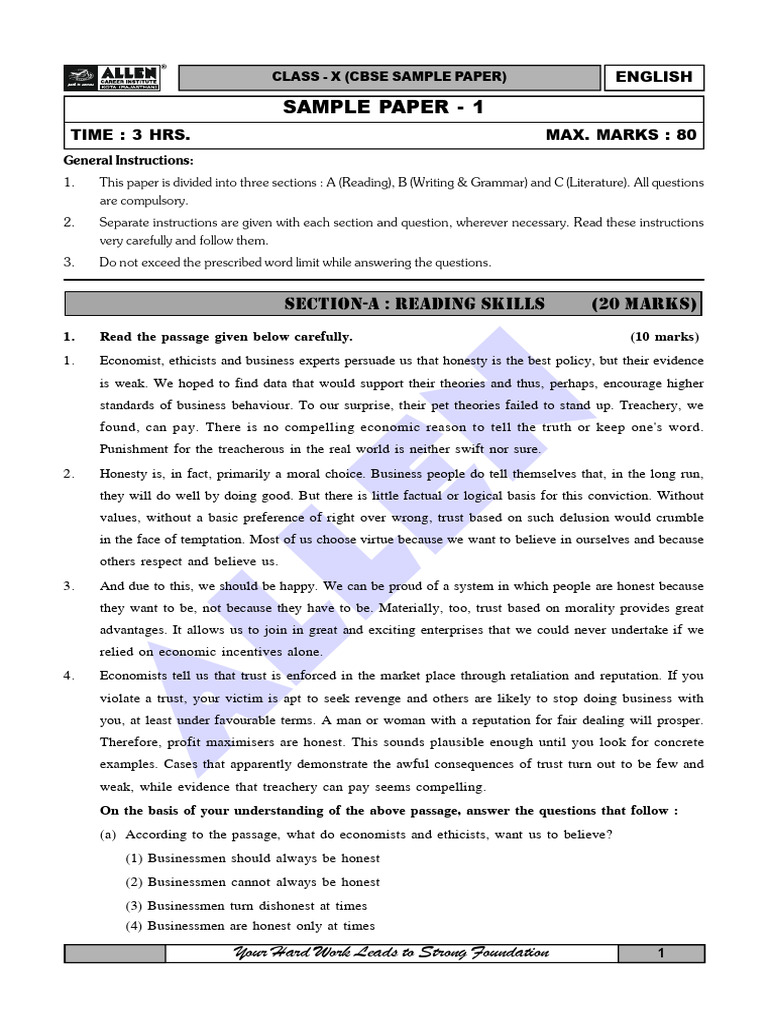 CBSE Sample Paper 1 Eng | PDF