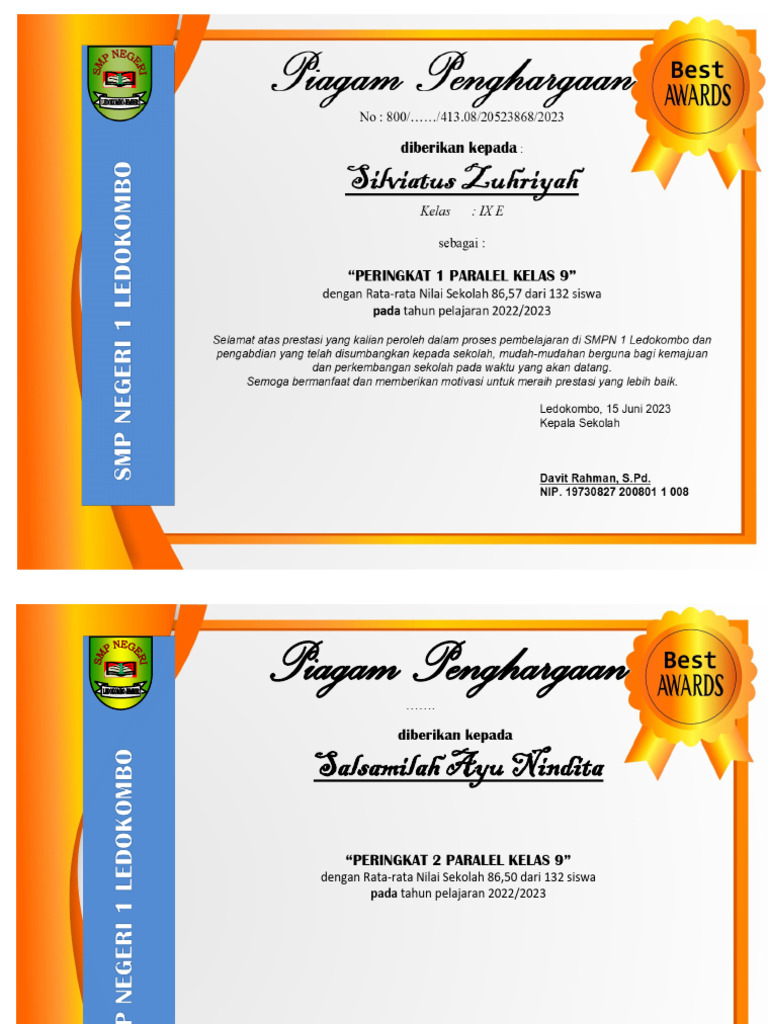 Piagam Penghargaan - Best Awards 1 | PDF