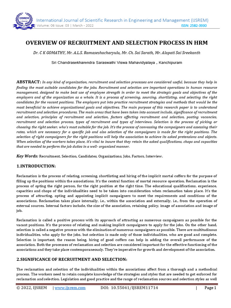 Overview of Recruitment and Selection Process in HRM | PDF