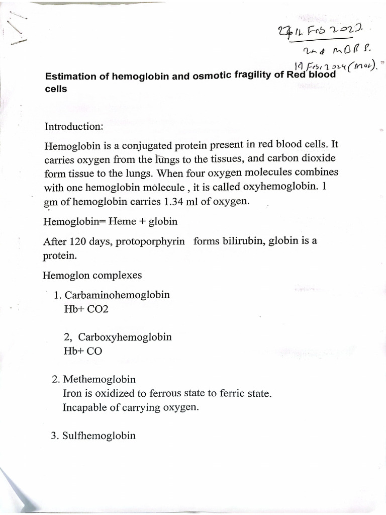 Estimation Of Haemoglobin And Osmotic Fragility Of Rbc An Pdf