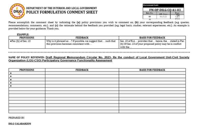 FM-QP-DILG-CO-41-03-Policy-Formulation-Comment-Sheet | PDF