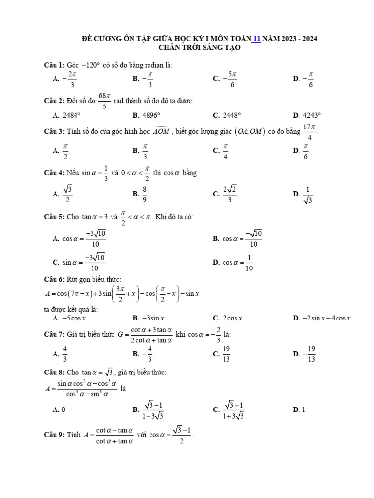 De Cuong GK 1 Toan 11 CTST | PDF