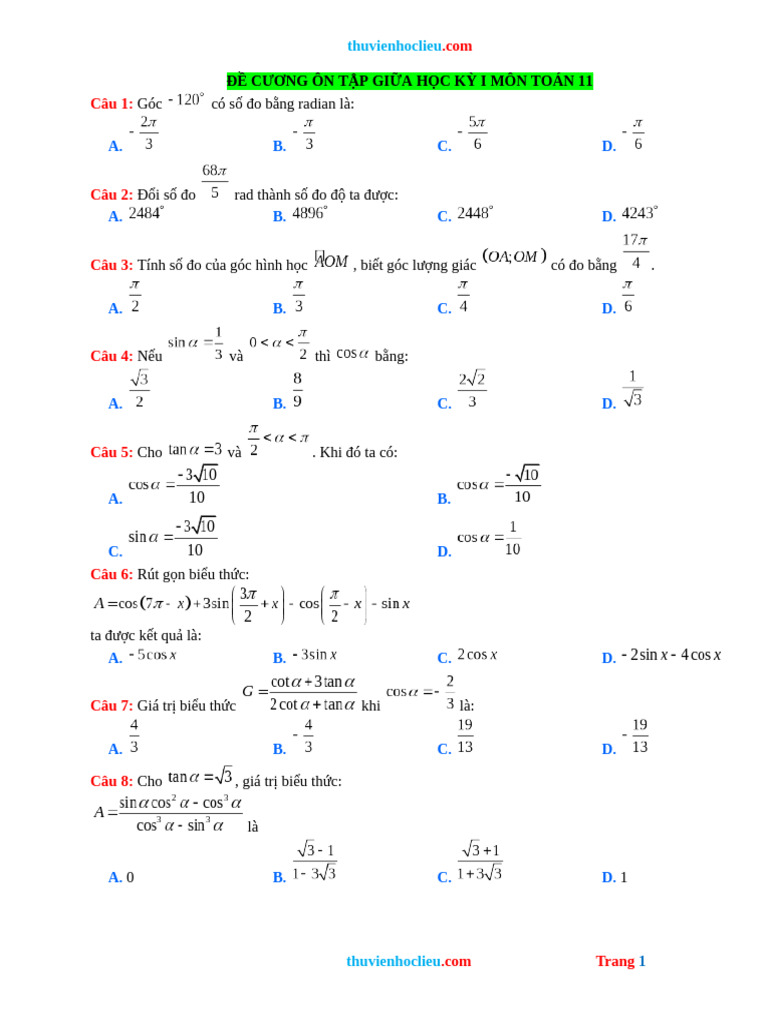 De Cuong On Tap Toan 11 CTST Giua HK1 | PDF