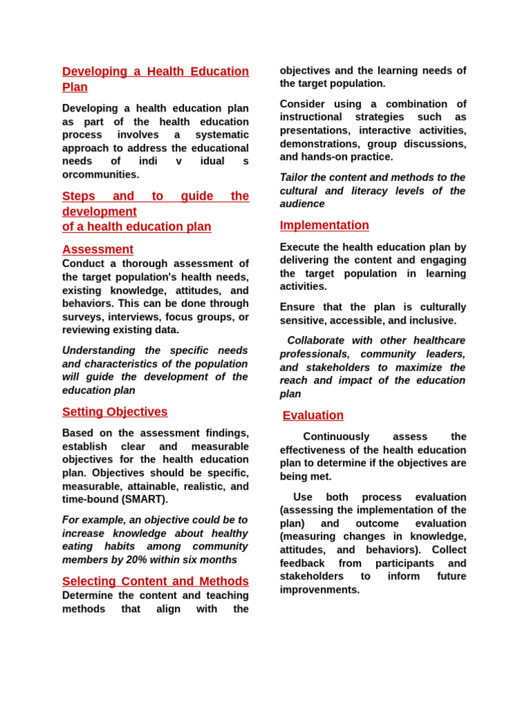 Steps to Develop a Health Education Plan | PDF | Learning | Career & Growth