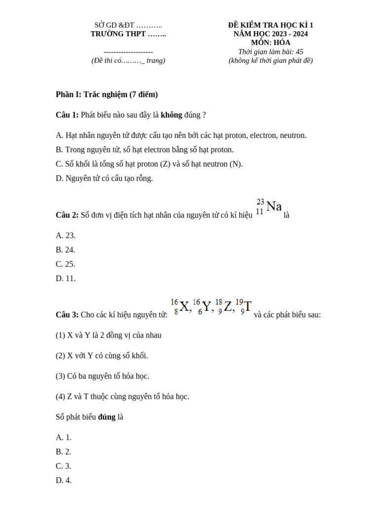 De Thi HK 1 Hoa Hoc 10 CD de 1 | PDF
