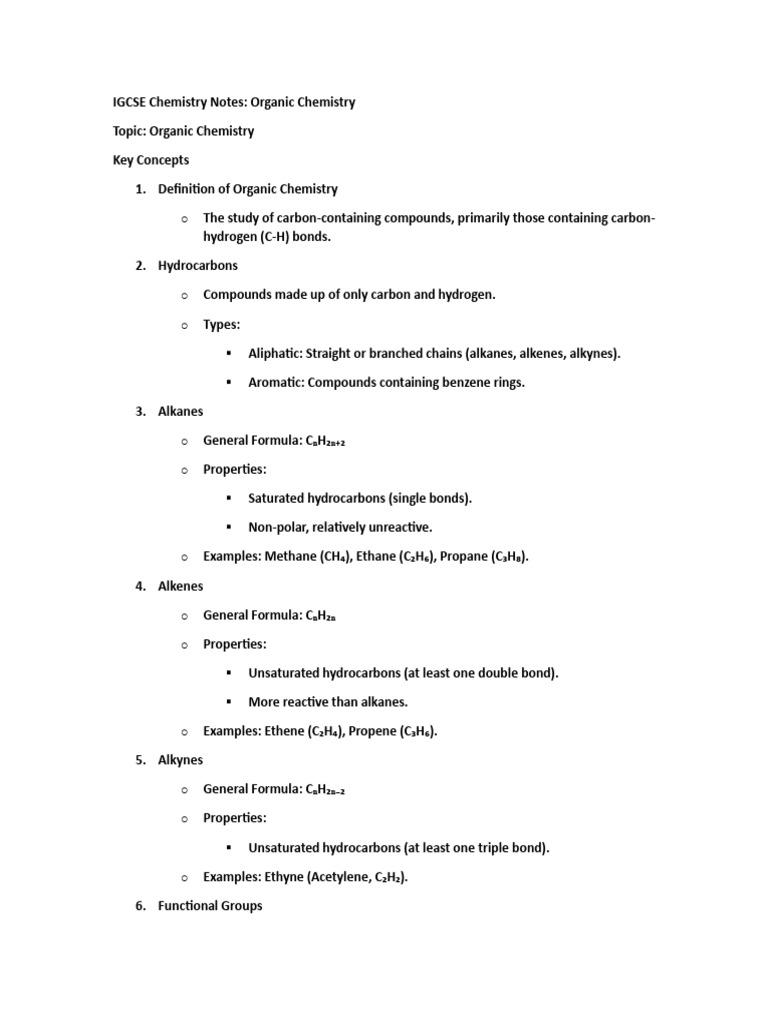 IGCSE Organic Chemistry Overview | PDF | Alkene | Alkane