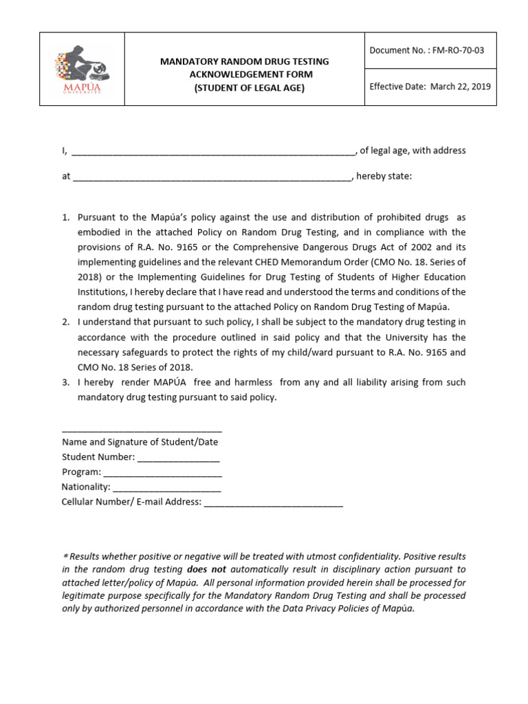 Fm-Ro-70-03 - Mandatory Random Drug Testing Acknowledgement Form ...