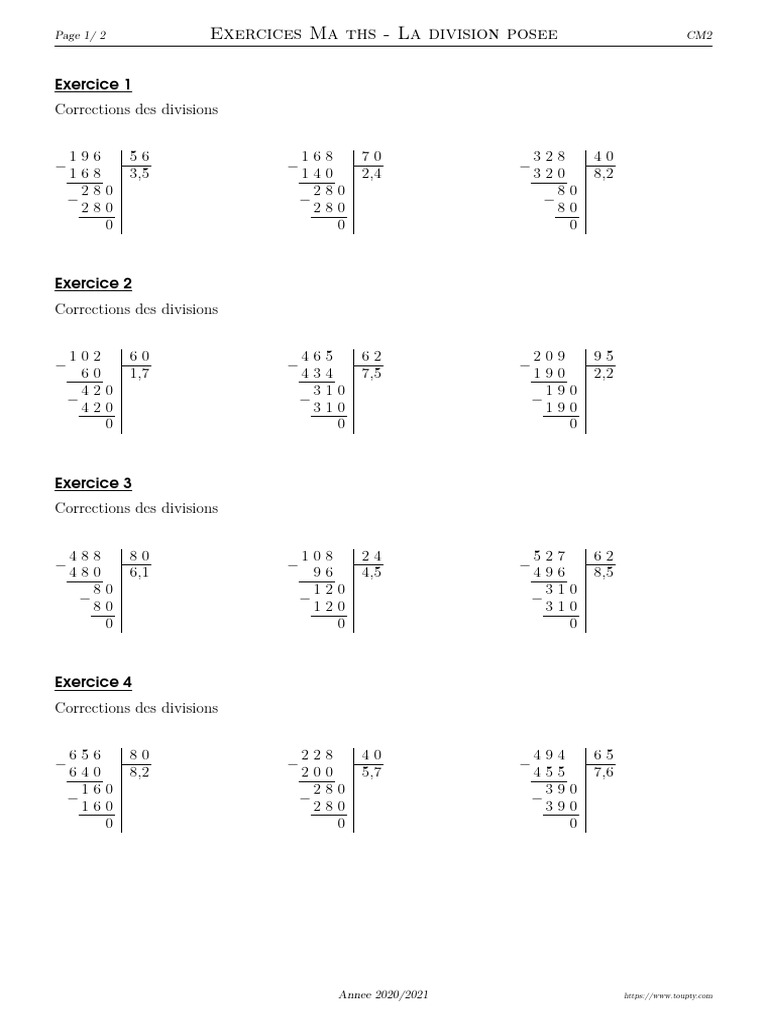 Division Posee cm2 Sans Reste 1 Decimale 1 Correction 2 | PDF