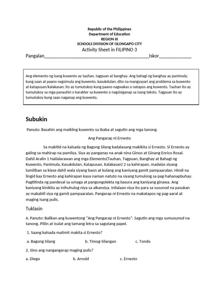 Filipino 3 Elemento ng Kwento | PDF