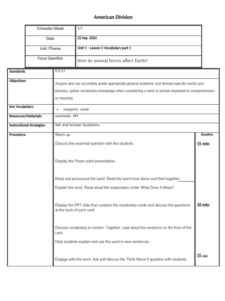 American Division: Trimester/Week Date Unit /theme Focus Question | PDF
