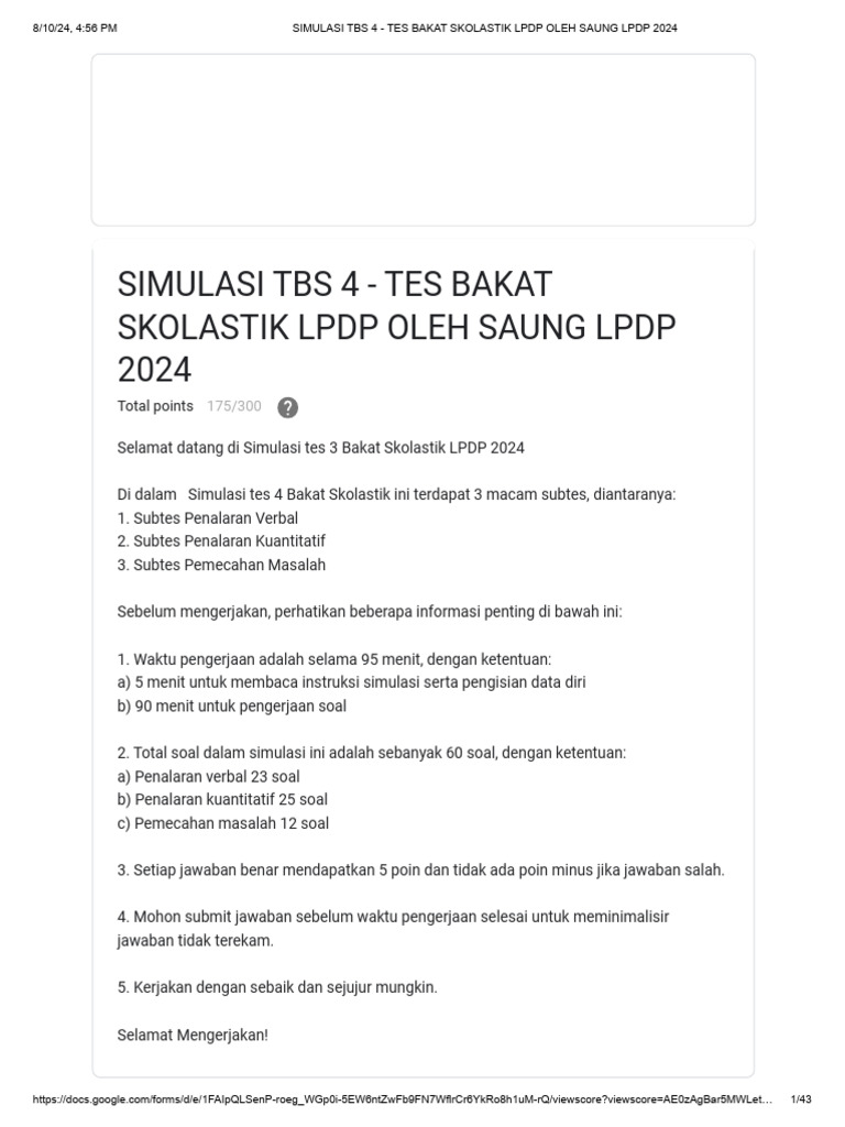 Simulasi TBS 4 Tes Bakat Skolastik LPDP Oleh Saung LPDP 2024 | PDF