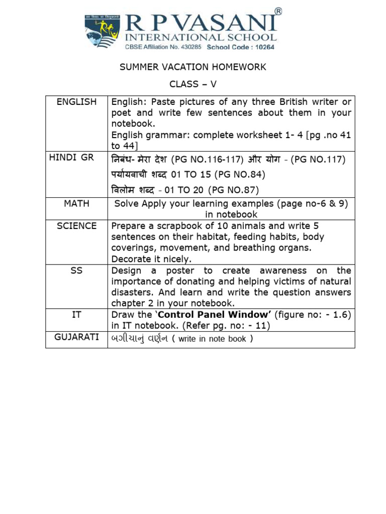Grade 5 Summer Vacation Homework | PDF