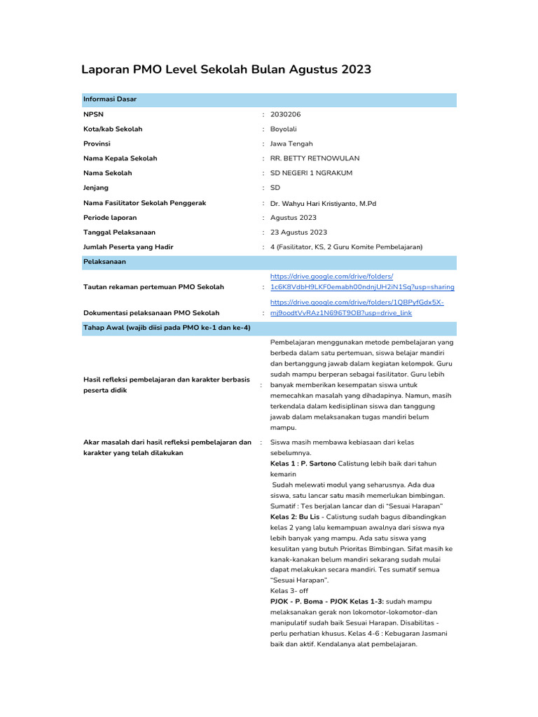 Salinan Instrumen PMO Level Sekolah - AGUSTUS 2023-FIX | PDF