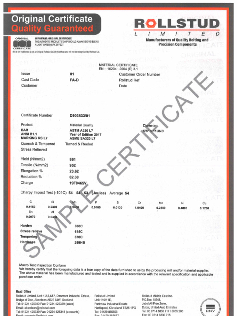 Stud Bolts (Rol Stud) Sample MTC | PDF