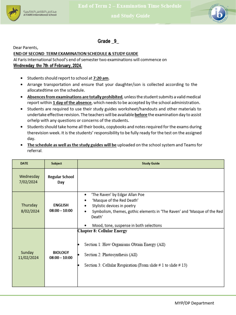 Grade 9 Term 2 Study Guide | PDF