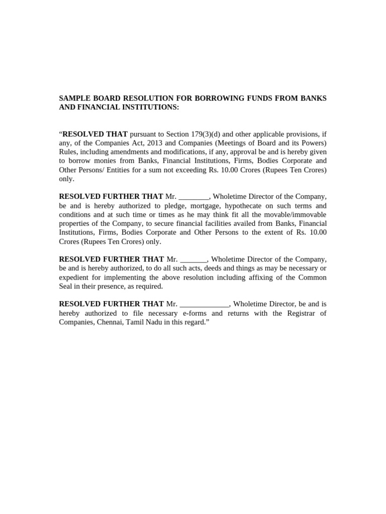 Draft Board Resolution For Loans | PDF