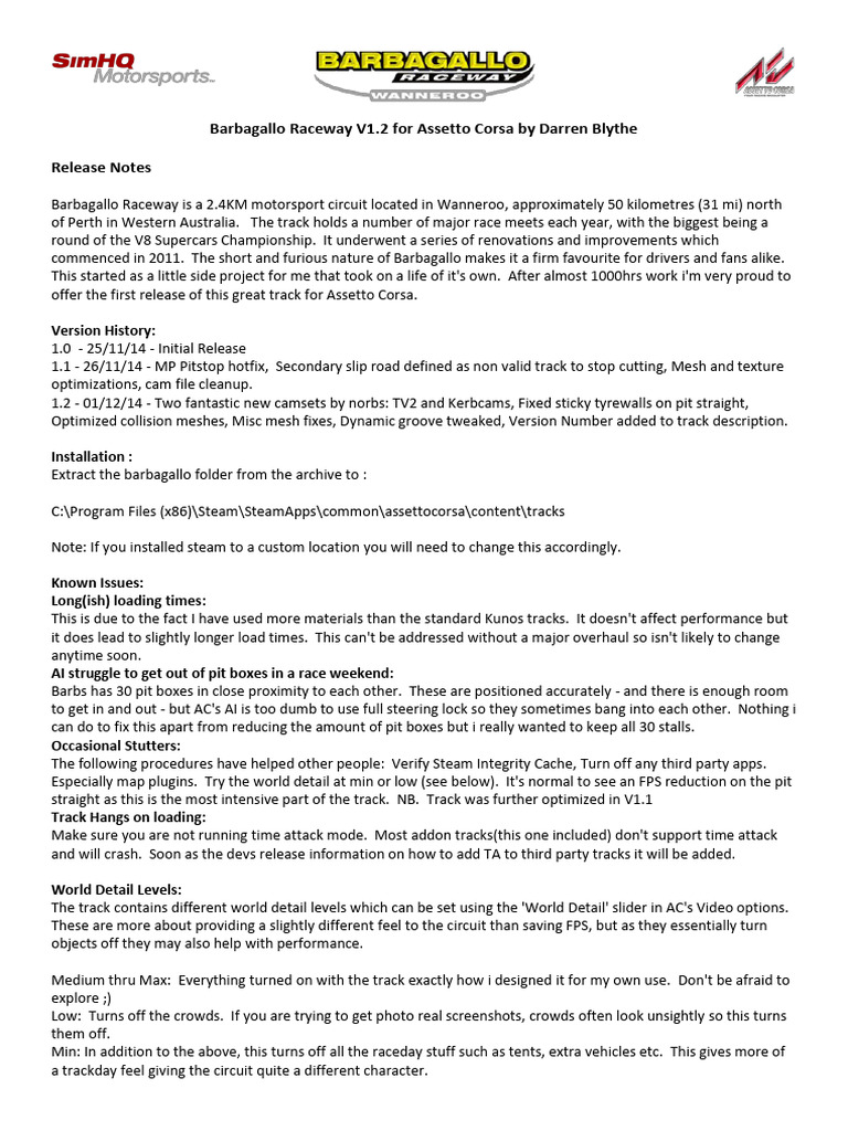 Barbagallo Raceway V1.2 Release Notes | PDF