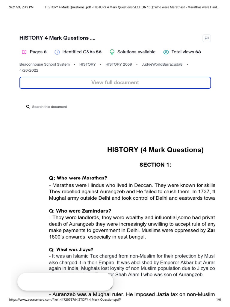 HISTORY 4 Mark Questions . | PDF