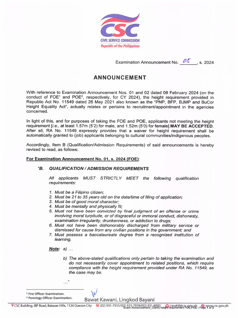 ExamAnnouncement05s2024 - Clarification On Height Requirement For ...
