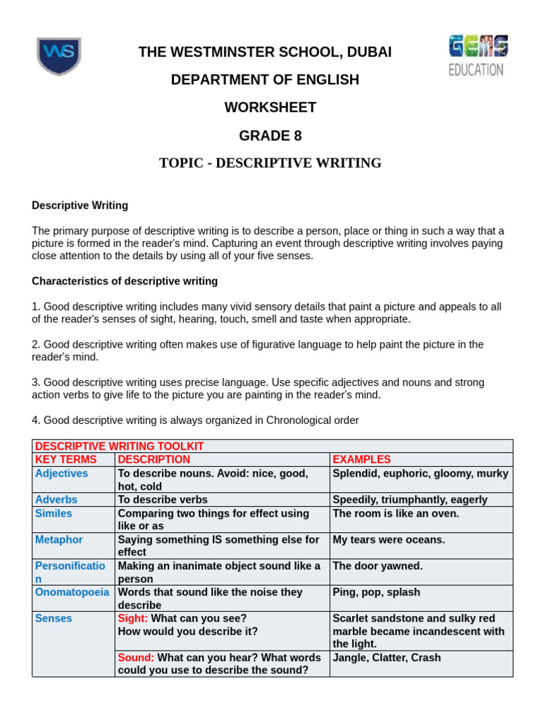 YR8 DESCRIPTIVE WRITING WORKSHEET | PDF