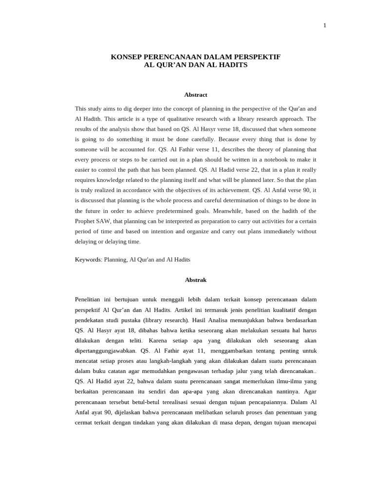Perencanaan Dalam Perspektif Al Qur'an Dan Al Hadits | PDF