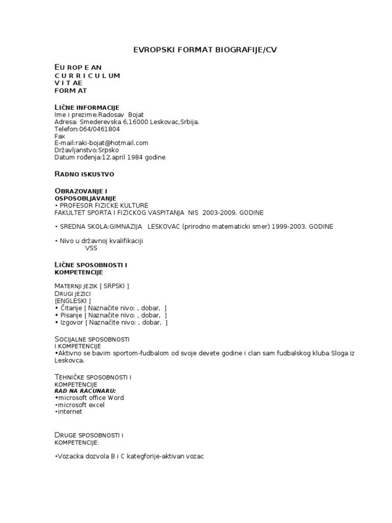 Evropski Format CV | PDF