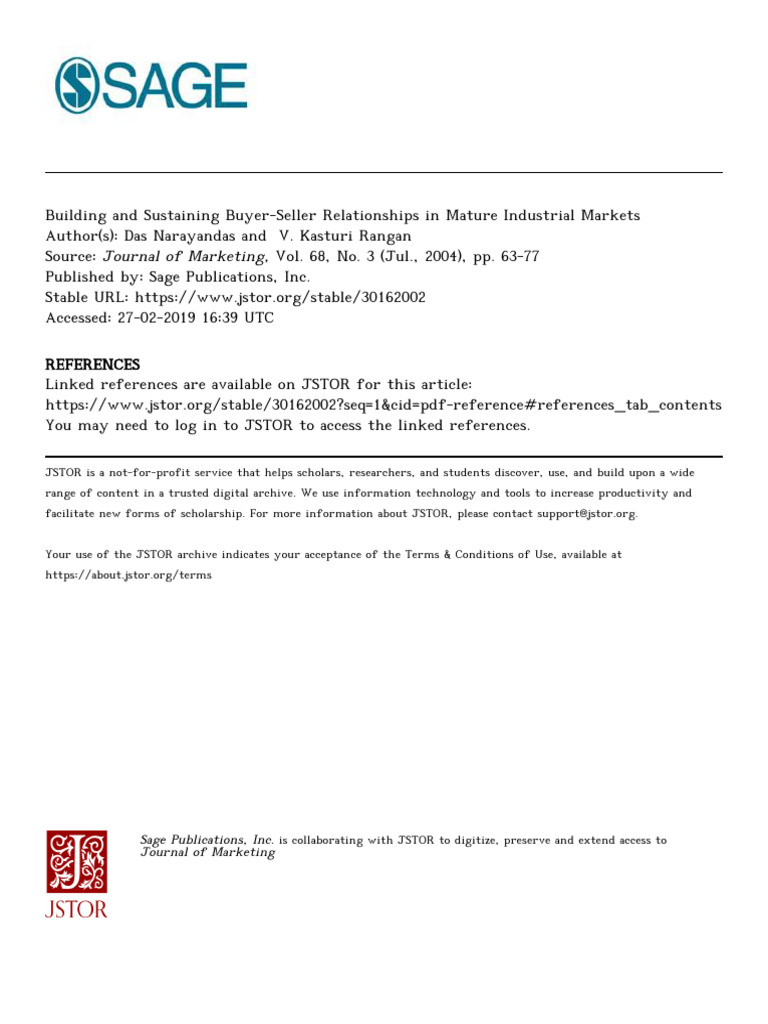Building and Sustaining Buyer-Seller Relationships in Mature Industrial Markets Author(s) - Das ...