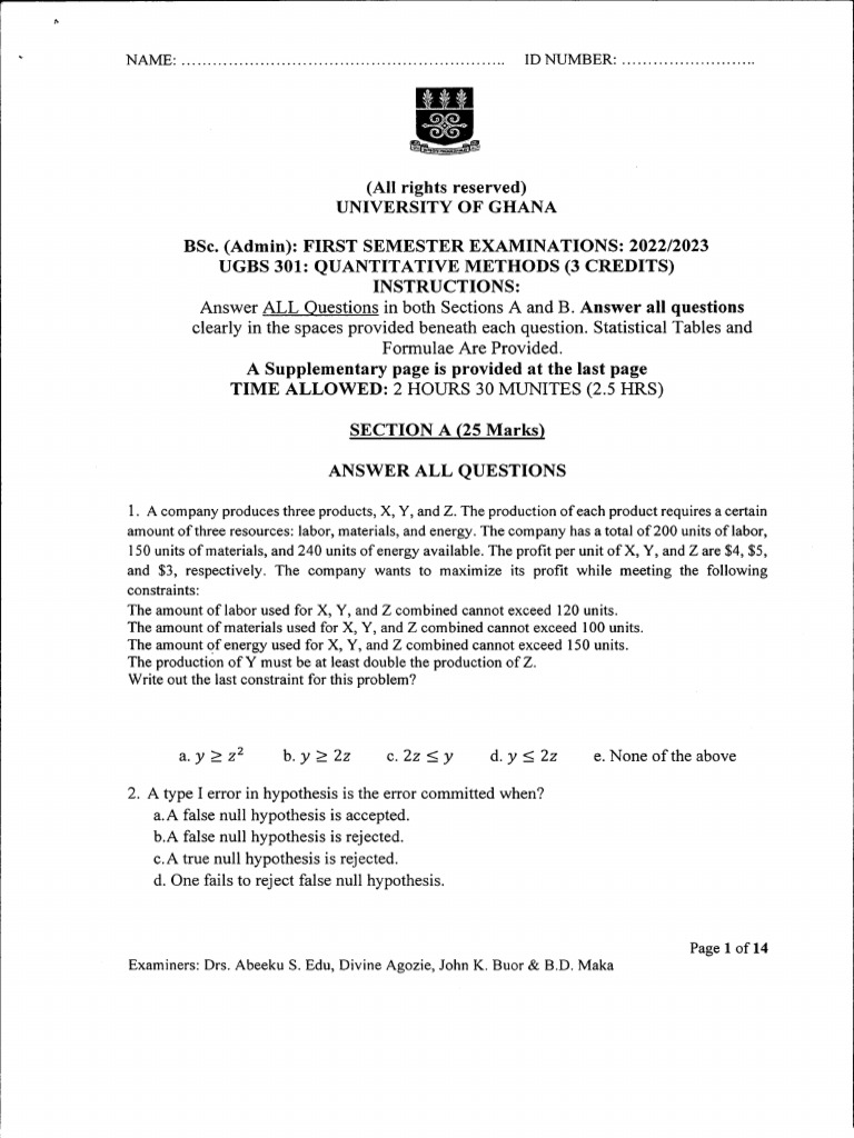 UGBS 301 Quantitative Methods | PDF