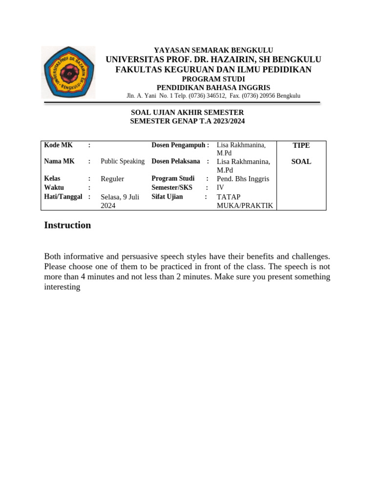 Soal Uts PUBLIC SPEAKING | PDF