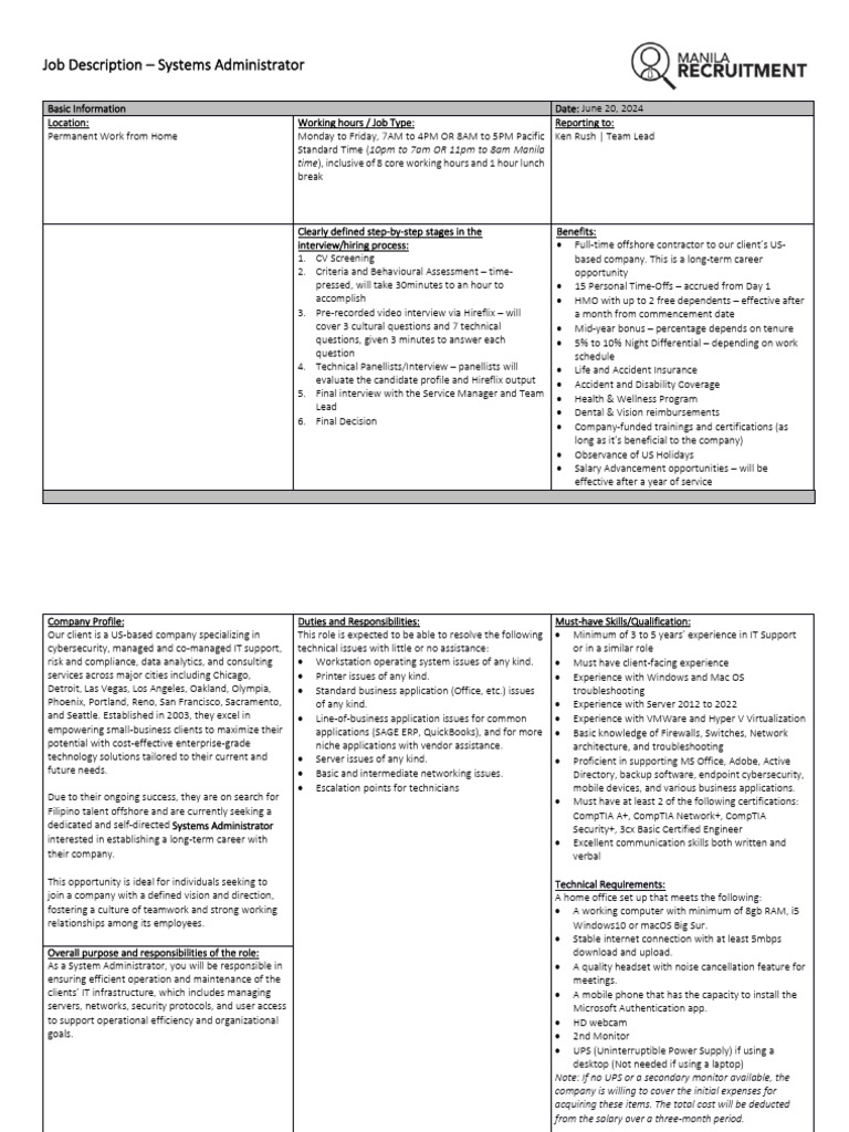 Job Description For Systems Administrator | PDF | Computer Network | Server (Computing)