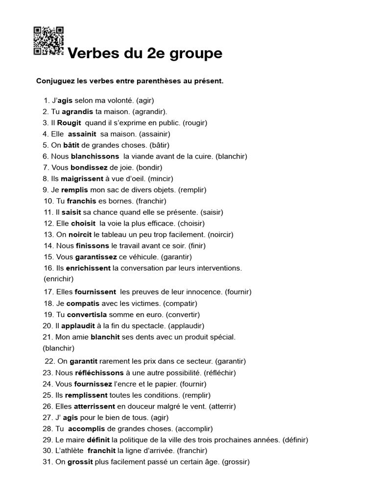 Conjugaison Verbes Deuxieme Groupe Present 2e | PDF