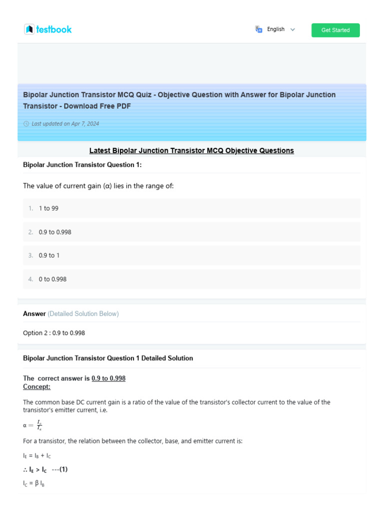 Bipolar Junction Transistor MCQ (Free PDF) - Objective Question Answer ...