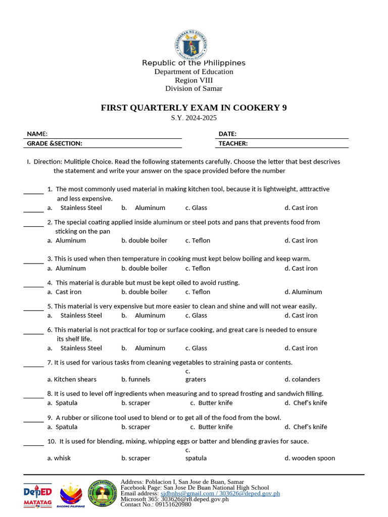 Q1-Cookery 9 Exam Final | PDF