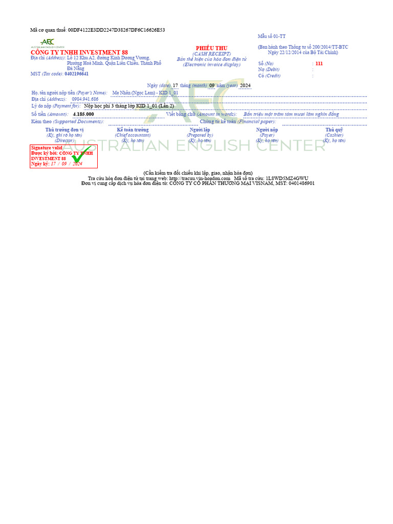 Công Ty Tnhh Investment 88: (Cash Receipt) Bản thể hiện của hóa đơn ...