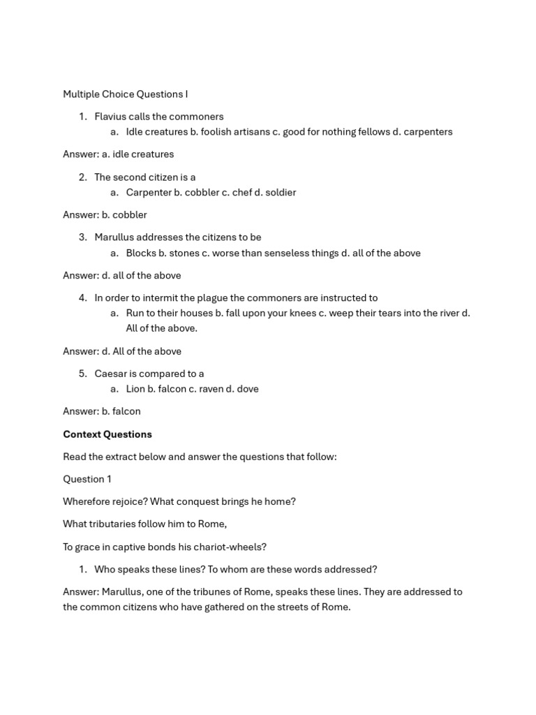 Act 1 Scene-1 Context Questions | PDF | Julius Caesar | Pompey