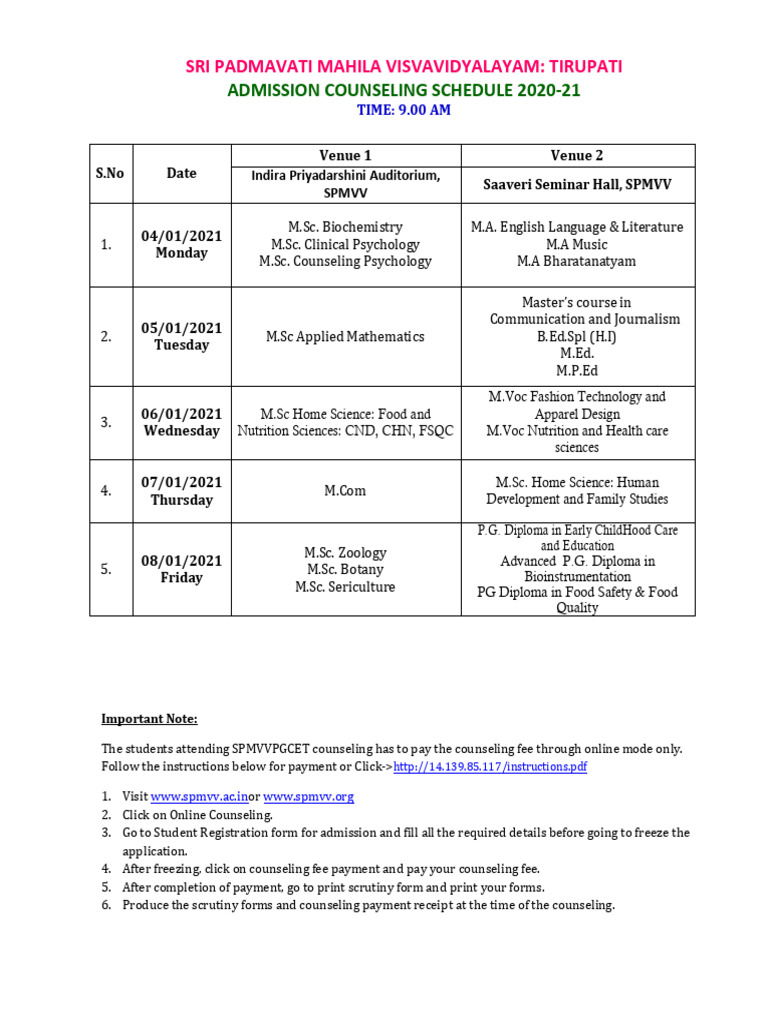 SPMVV Admission Counseling Schedule 2021 | PDF