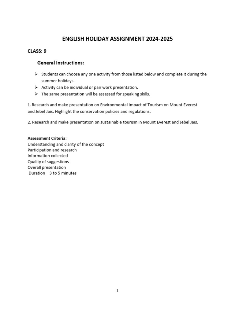 ENGLISH HOLIDAY ASSIGNMENT 2024-2025 | PDF