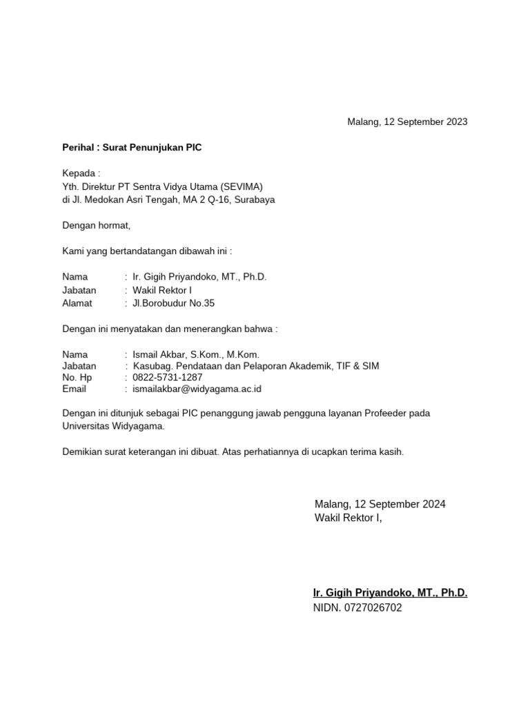 Template_Surat_Penunjukan_PIC_Profeeder | PDF