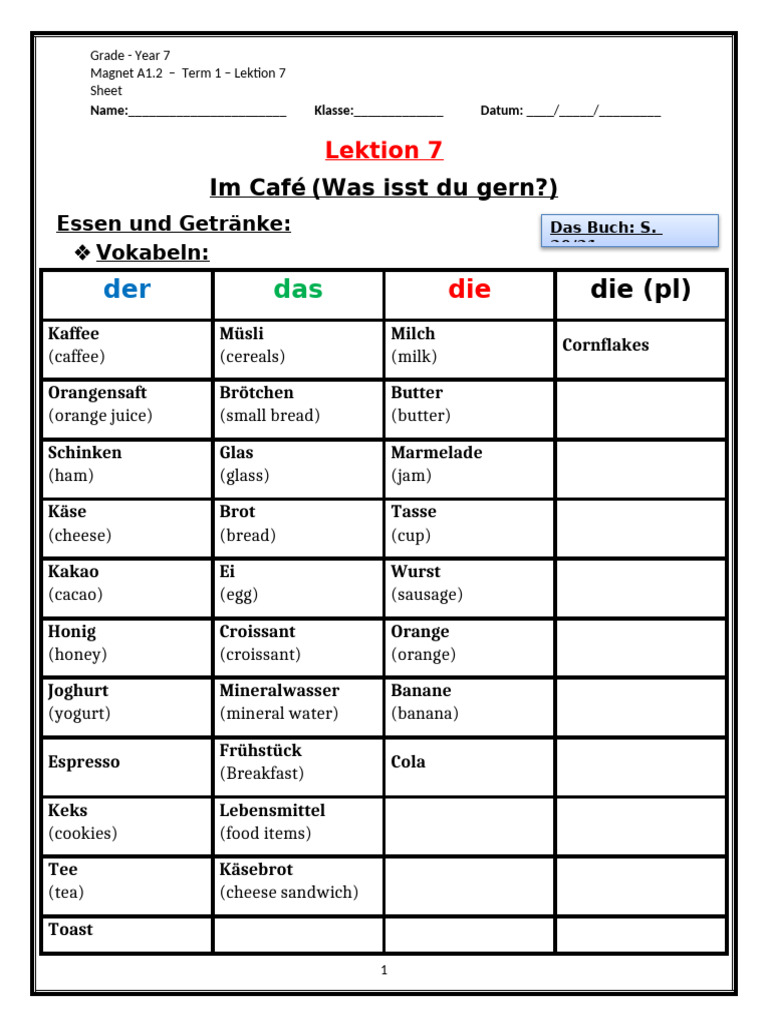 Essen Und Trinken Sheet 1 | PDF