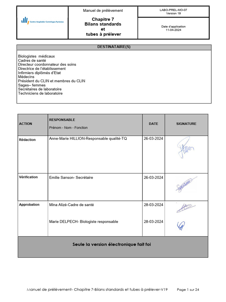 Manuel de Prelevement-Chapitre 07-Bilans Standards Et Tubes A Prelever ...