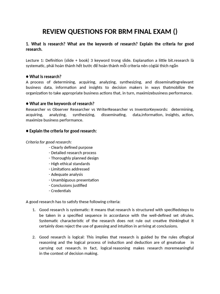 BRM FINAL EXAM 1 | PDF