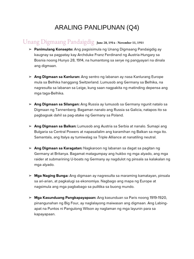 Unang Digmaang Pandaigdig: Araling Panlipunan (Q4) | PDF